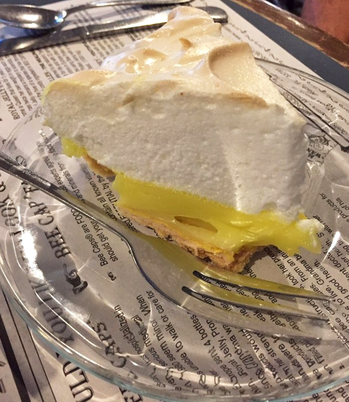 Lemon meringue pie that would make your cardiologist nervous but your soul sing. That cloud of meringue defies both gravity and restraint.