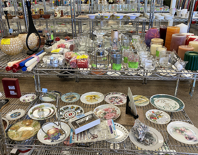 Decorative plates that once graced grandmothers' china cabinets now await adoption into new homes, stories included at no extra charge.