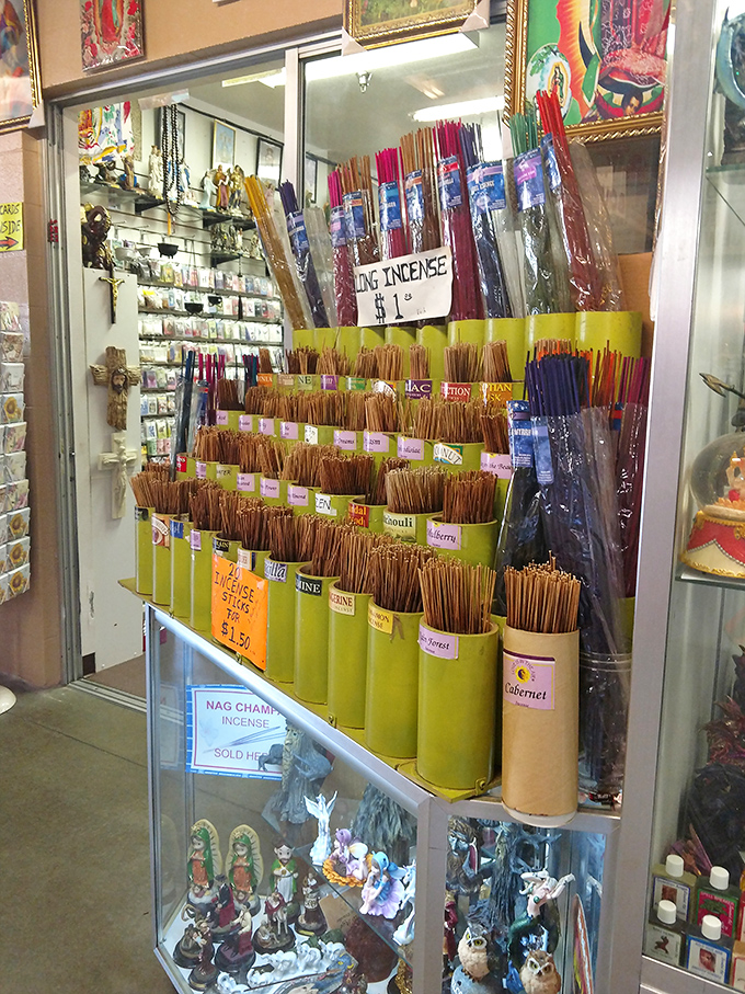 Incense heaven! From Nag Champa to jasmine, this fragrant display offers spiritual enlightenment or, at minimum, a way to mask that mysterious garage smell.