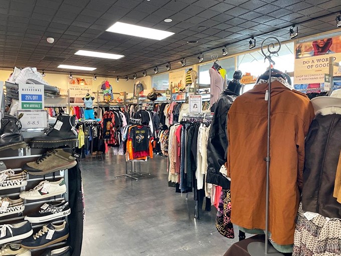 Step inside and the organized chaos of fashion reveals itself—racks meticulously arranged by size and style, a far cry from the jumbled bins of thrift stores past.