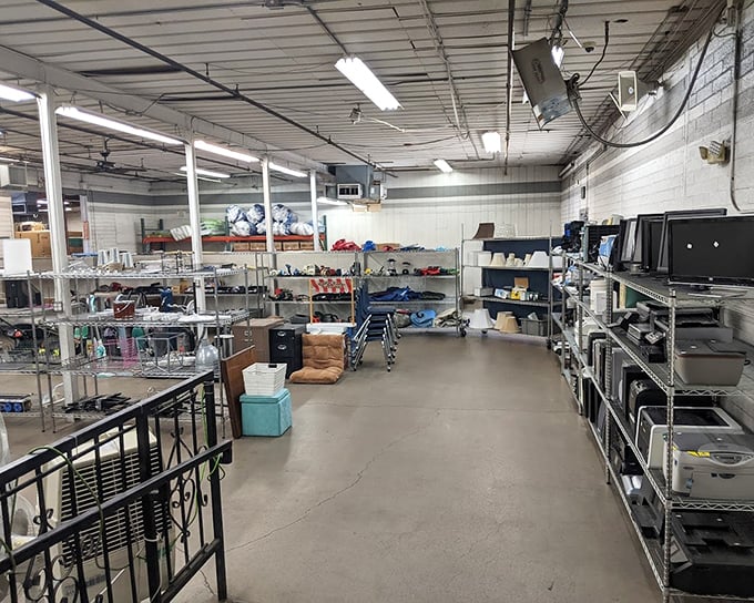 The electronics testing area ensures everything works before hitting the sales floor. Yesterday's technology becomes today's affordable solutions for budget-conscious shoppers.