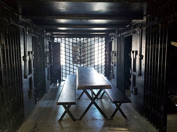 Prison dining was never about ambiance—this stark communal table between cells reminds us that "jail food" wasn't just a metaphor.