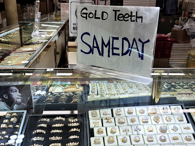 "Gold teeth SAME DAY" isn't a promise you'll find at your local mall. This jewelry counter specializes in mouth bling that makes an immediate statement.