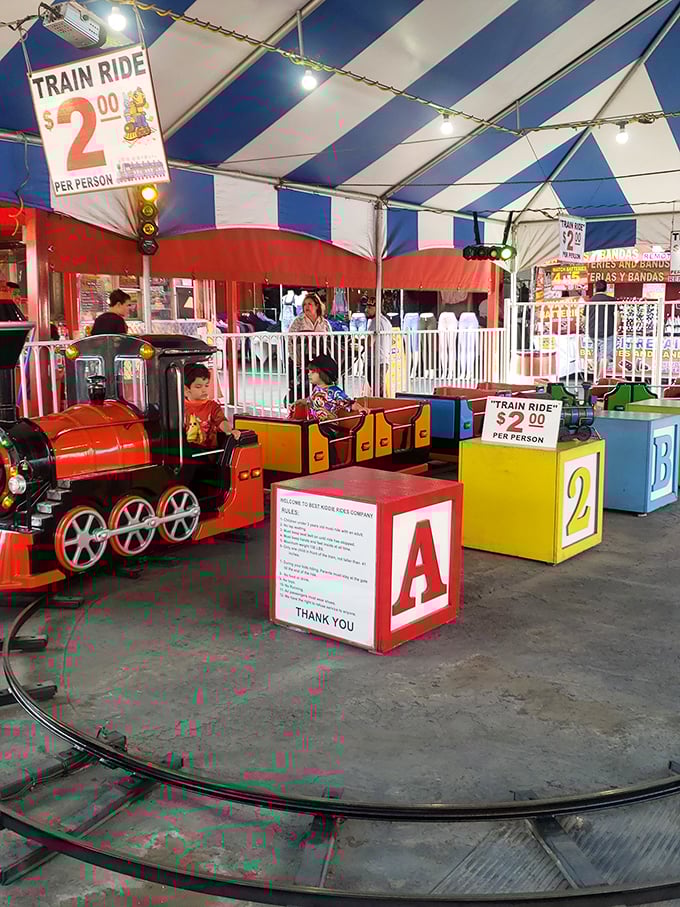 All aboard the nostalgia express! This kiddie train ride offers a moment of joy between bargain hunts for the youngest swap meet adventurers.