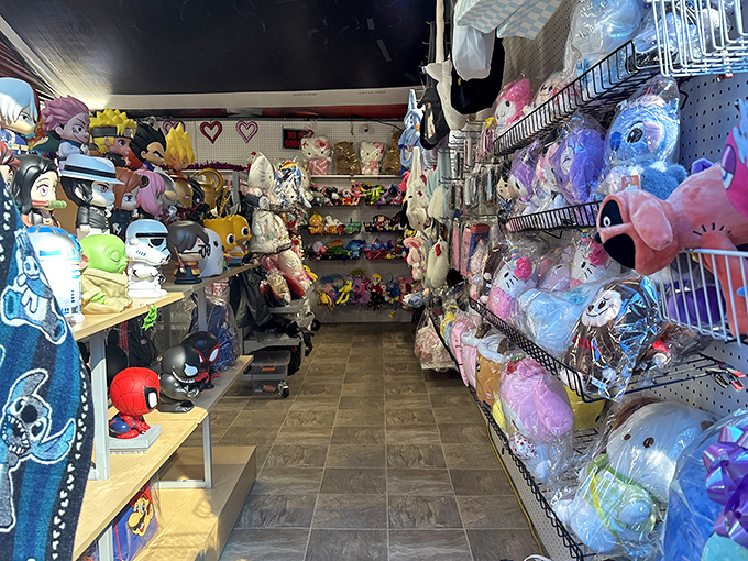 Stuffed animals stage their own carnival here, waiting patiently for the next child to fall in love.