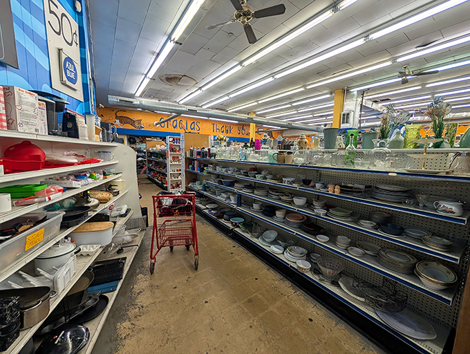 The kitchenware aisle: where Pyrex from the Brady Bunch era sits alongside dishes that could complete your collection or start an entirely new obsession.