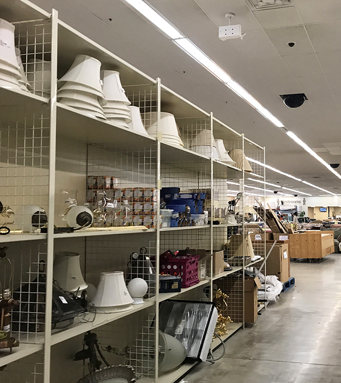 Lamp shades line the shelves like patient soldiers waiting for their next mission. Each one ready to bring light to someone's reading nook or cozy corner.
