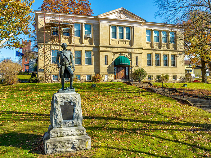 The Carnegie Free Library stands proud with its classical columns and autumn-kissed lawn&mdash;Andrew Carnegie's gift that keeps on giving.