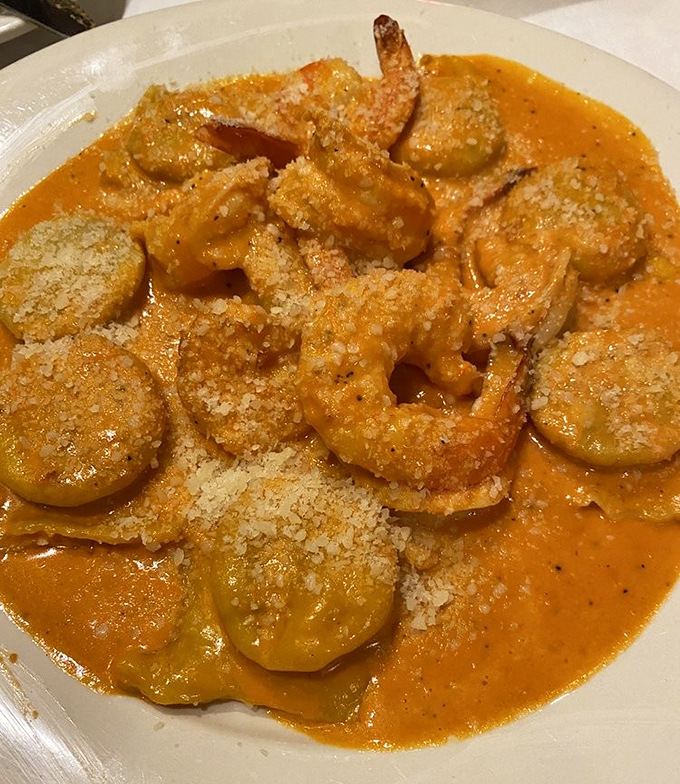 Golden perfection swimming in tomato cream sauce &ndash; this lobster ravioli could make nonnas weep with joy.