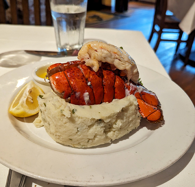 This isn't just lobster; it's a crustacean crown atop a throne of garlic mashed potatoes. Neptune himself would approve.