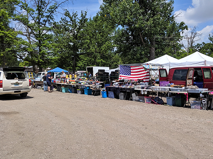 American pride on full display alongside plastic tubs brimming with potential treasures. One person's storage headache becomes another's vintage goldmine.