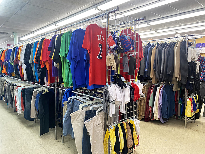 The clothing section resembles a rainbow of possibilities&mdash;that vintage Wizards jersey might just be your next lucky game day charm.