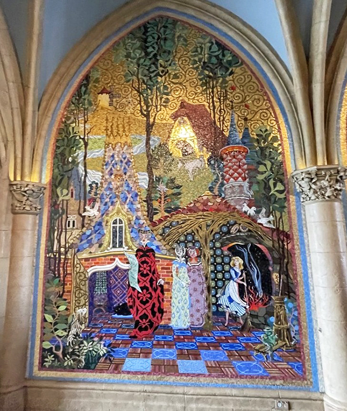 Cinderella's story unfolds in dazzling mosaic form, with over 300,000 pieces of Italian glass creating a timeless artistic treasure inside the castle breezeway.