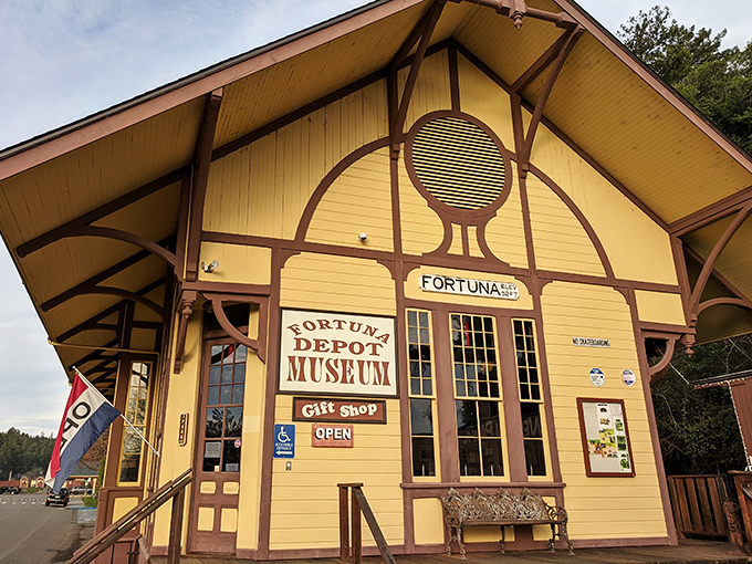 The Fortuna Depot Museum, housed in a cheerful yellow Victorian building, preserves the town's logging and railroad heritage with unexpected charm.