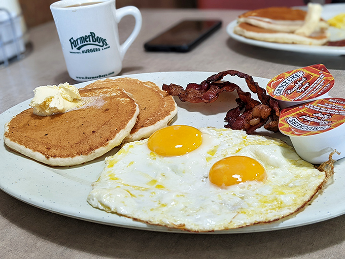 Sunny-side up eggs, perfectly golden pancakes, and bacon that's achieved that mythical balance between crispy and chewy. Breakfast nirvana exists!