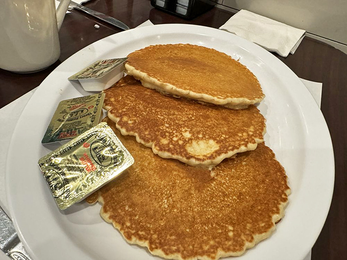 Golden-brown pancake perfection that would make IHOP executives weep. Three stacked discs of joy waiting for their maple baptism.