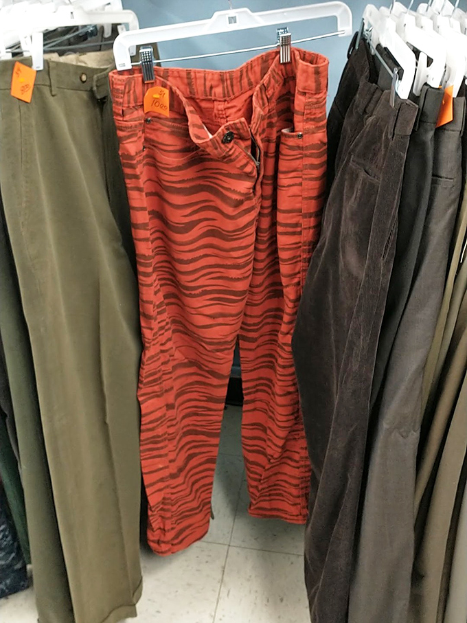 Those red zebra-print pants are practically screaming for a second chance at life. Between sensible khakis and corduroy, they're the life of the pants party.
