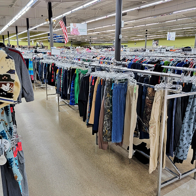 Pants and shorts lined up with military precision, a rainbow of denim that tells the story of Wisconsin's practical fashion sense.