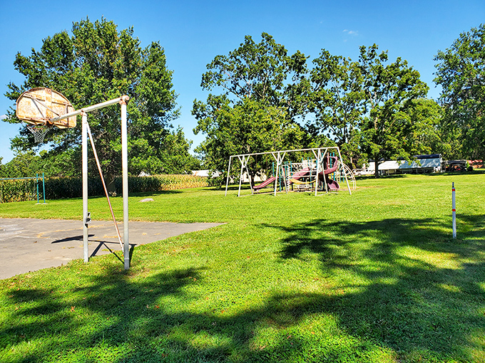 Kids can burn off energy at the playground while parents contemplate life's big question: "Who first said, 'You know what this town needs?'"