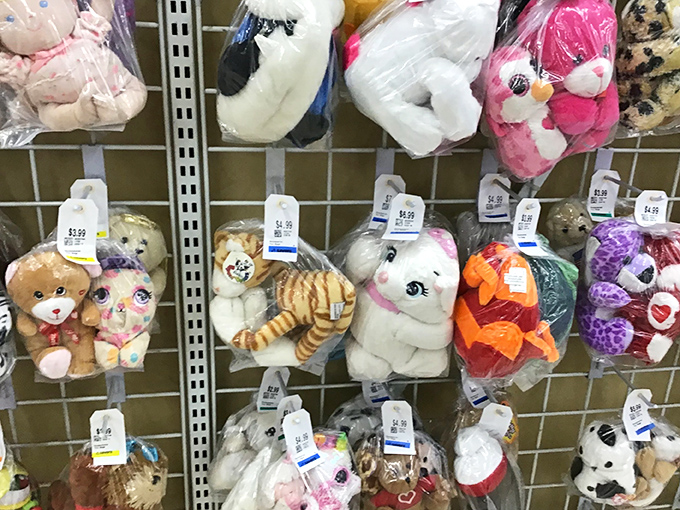 Plush paradise! These adorable stuffed animals hang in hopeful anticipation of finding new homes where they'll be squeezed, loved, and occasionally drooled on.