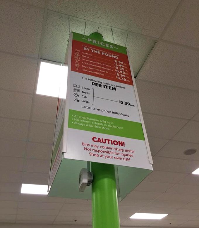 The pricing board reveals the magical formula: clothing by weight, media by piece. Treasure hunting has never been so mathematically satisfying!