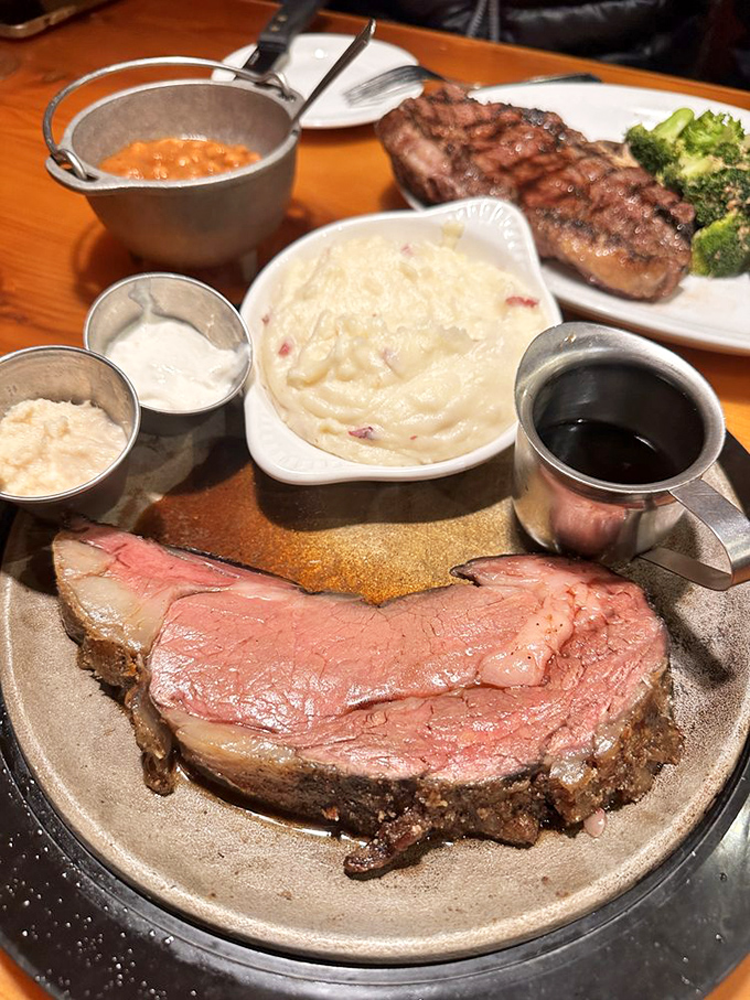 Prime rib so perfectly pink it could make a vegetarian weep, accompanied by sides that know their supporting role in this meaty drama.