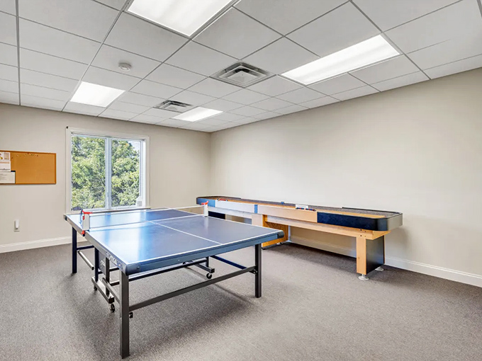 Competitive spirits never retire! This game room proves that ping-pong prowess and shuffleboard skills are the new retirement currency. Your grandkids won't stand a chance. 