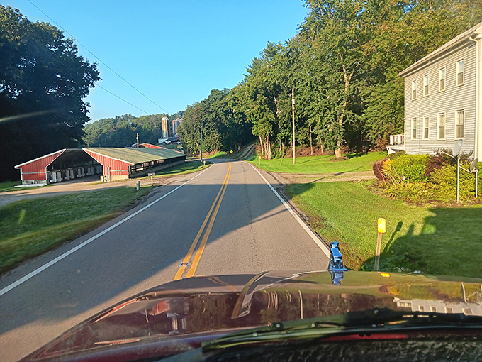 Country roads, take me home! This stretch of Wally Road offers a quintessential slice of rural Ohio that feels like driving through a Norman Rockwell painting.