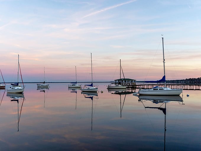 When sailboats sleep on glass-like water, even the most dedicated phone-checker has to pause and stare.