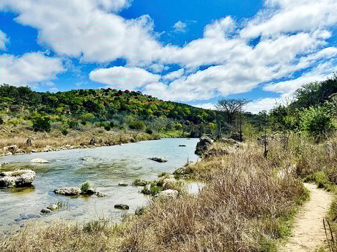 The Pedernales River winds its gentle path through the park, creating a ribbon of refreshing possibility in the Texas heat.