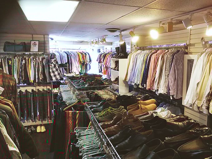 The men's section reveals a sartorial playground where dress shirts stand at attention, waiting for their second act in your wardrobe revolution.