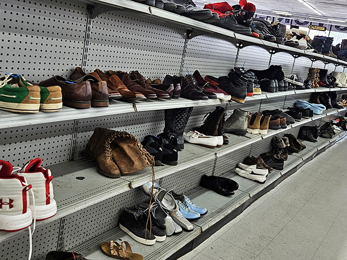 The shoe section: where barely-worn Nikes mingle with vintage loafers in a footwear democracy that would make Imelda Marcos weep with joy.