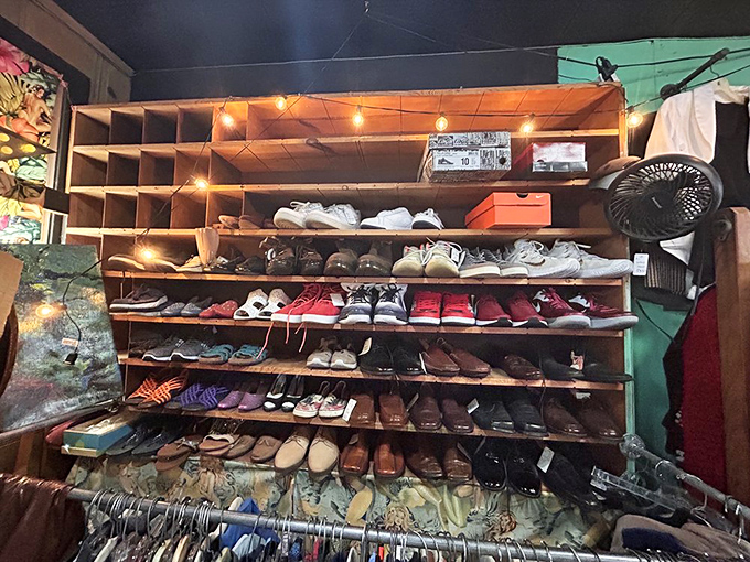 The shoe wall looks like it raided every decade's closet and arranged them by color-coded nostalgia.