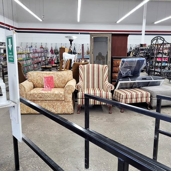 Furniture that's seen a few family dinners stands ready for new memories. That striped wingback is practically begging for a reading nook.