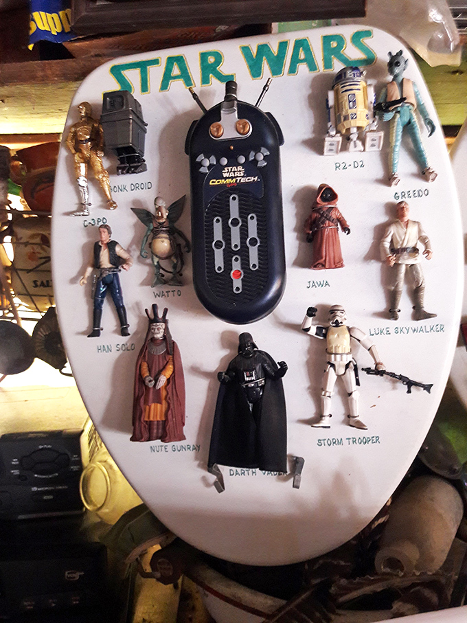 The Force is strong with this Star Wars toilet seat, featuring a galaxy of action figures from a franchise far, far away.