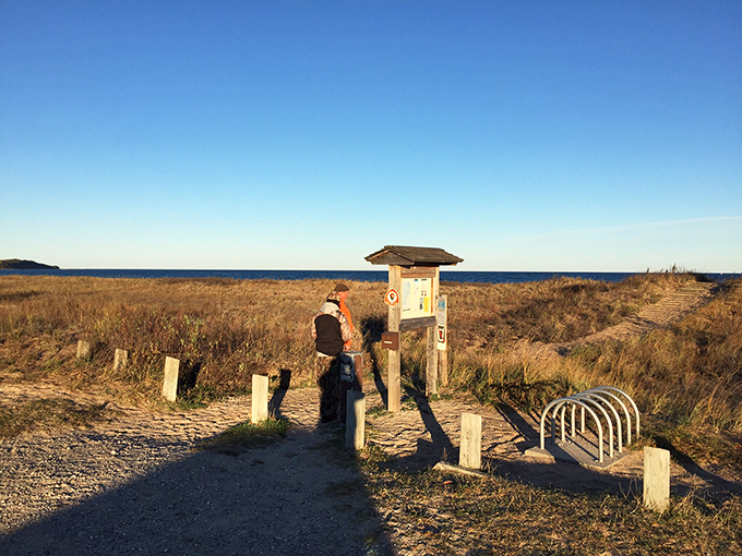 "This way to tranquility!" The entrance path stands as a humble gatekeeper, promising solitude just beyond those sun-drenched dunes.