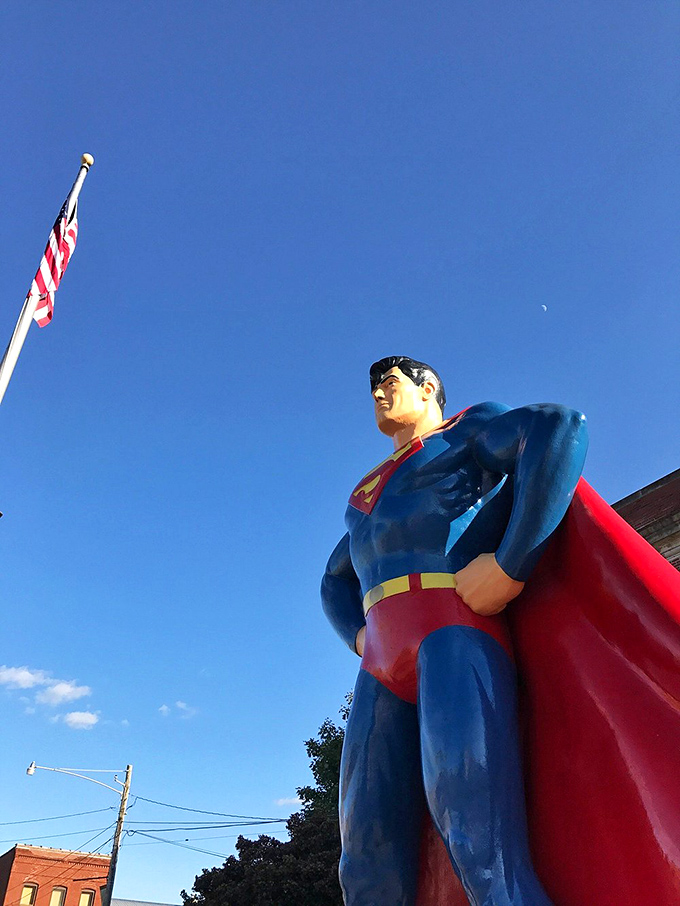 Blue skies frame the blue suit perfectly&mdash;Mother Nature clearly understands the importance of proper superhero color coordination.