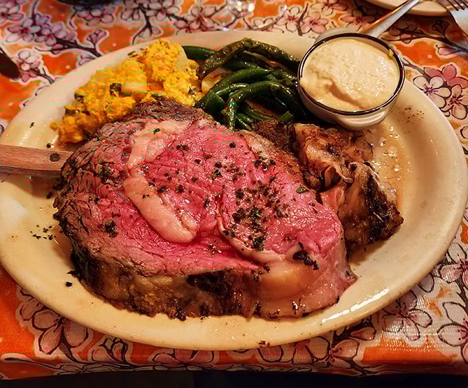 Behold the star of the show: a perfectly medium-rare steak that doesn't need fancy plating to announce its magnificence. This is beef nirvana.