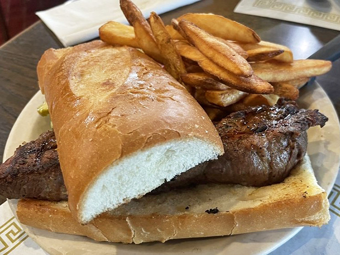 That steak sandwich isn't messing around. It's the kind of lunch that makes you wonder why you'd ever waste time with a sad desk salad.