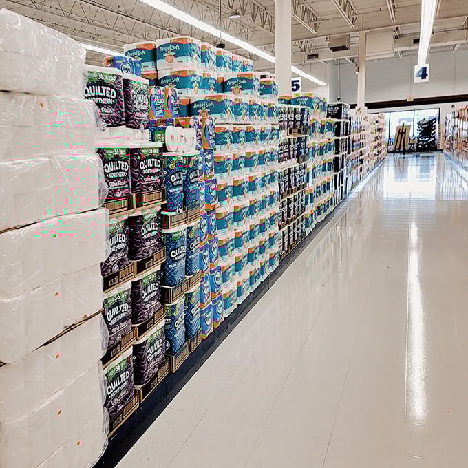 Paper products stacked with military precision. The toilet paper fortress that would make any pandemic panic-buyer weep with joy. 