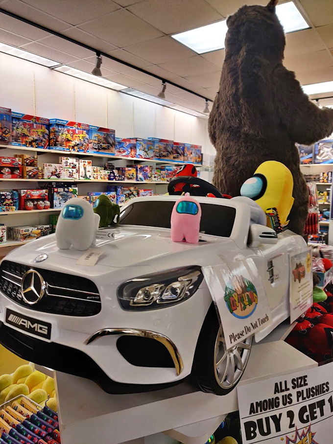 Toy paradise where kids' eyes grow wider than their parents' credit card limits. Even adults find themselves mysteriously drawn to that miniature Mercedes.