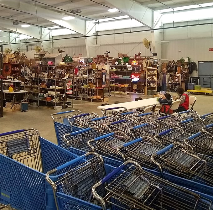 Shopping carts await their captains for voyages through seas of memorabilia. Even the most disciplined shopper needs reinforcements here.