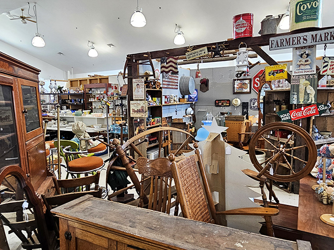 Where Americana meets organized chaos&mdash;spinning wheels, Coca-Cola signs, and wooden treasures creating a perfect storm of nostalgia.