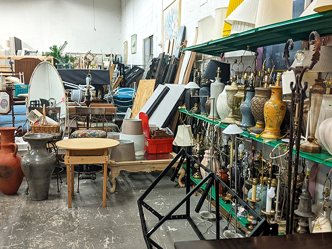 Vases, lamps, and treasures galore&mdash;this corner looks like what would happen if your grandmother's attic organized itself.