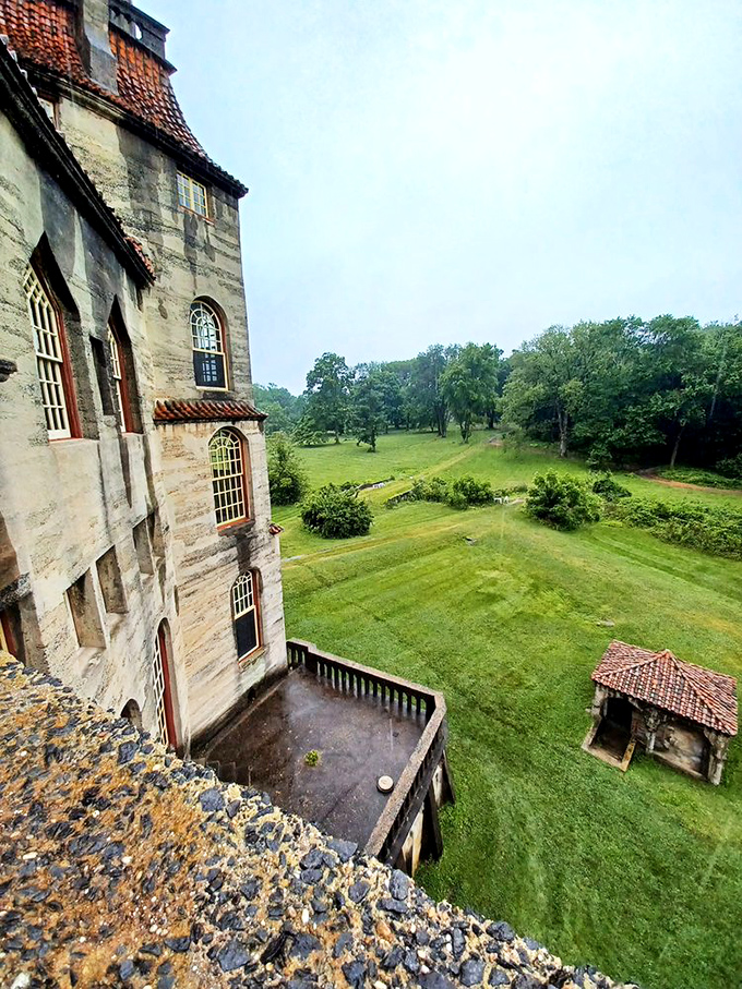 From this lofty perch, visitors can survey the castle's verdant grounds&mdash;a peaceful kingdom where concrete royalty reigns over manicured lawns.