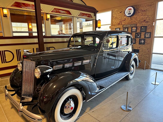 This gleaming 1930s Packard isn't just displayed—it's staged as if ready for a cross-country adventure, whitewalls and all.