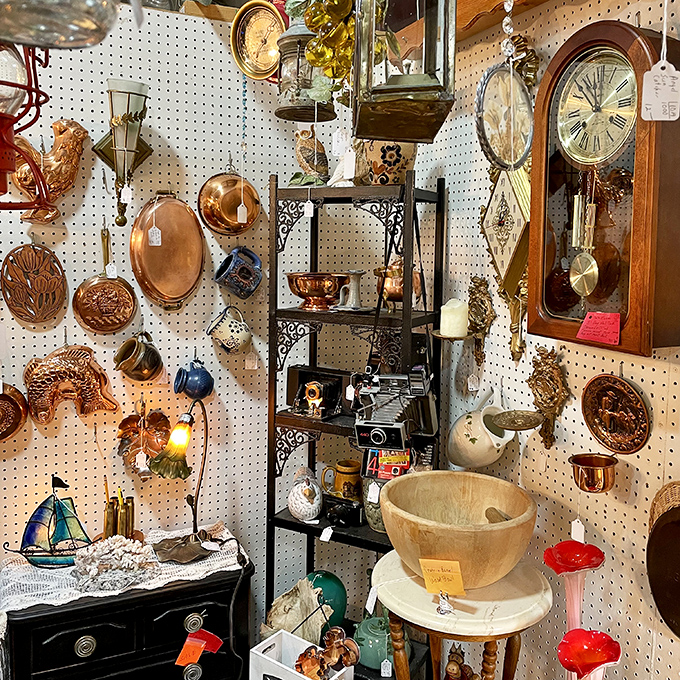 Copper pots and vintage scales create a symphony of functionality that Martha Stewart would absolutely adore.