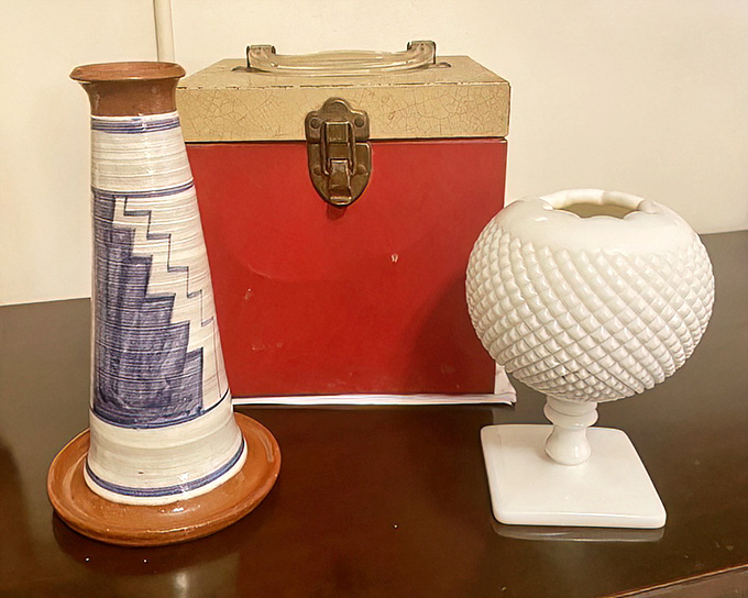 A vintage vignette that tells three stories: southwestern craftsmanship, mid-century storage, and milk-glass elegance&mdash;all for less than the price of dinner.