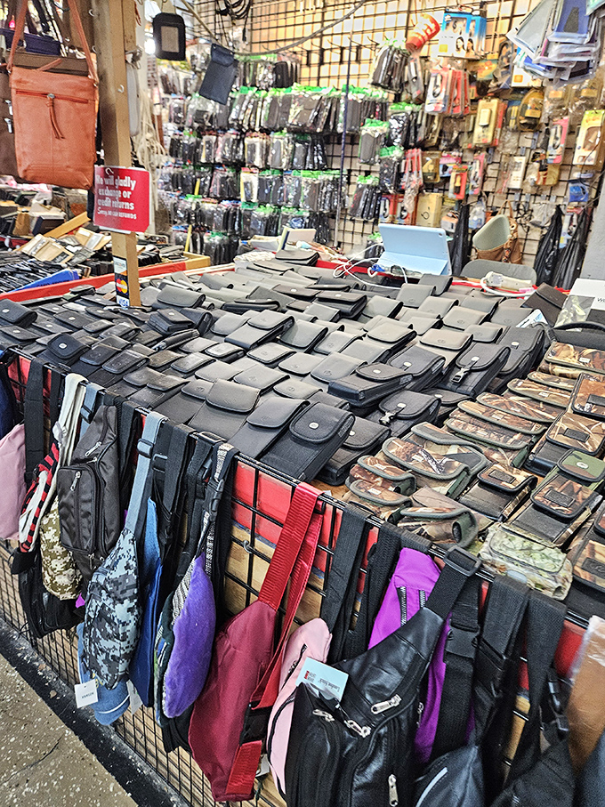 Wallet wonderland! The leather goods section offers more options than your indecisive uncle has when ordering at a restaurant.