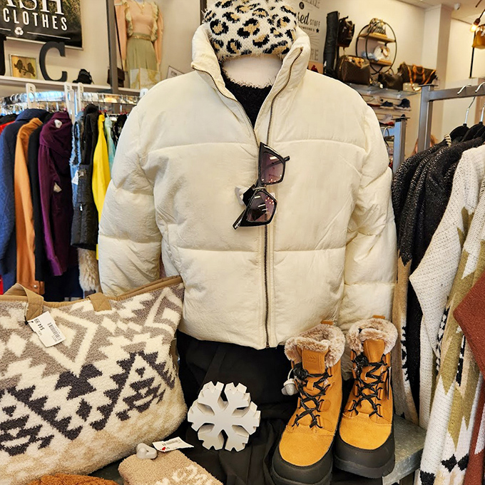 Winter fashion that won't freeze your wallet. That white puffer jacket is practically begging for a snow day adventure.